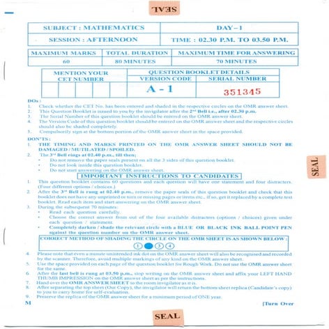 KCET Maths - 2012 Question Paper | PDF