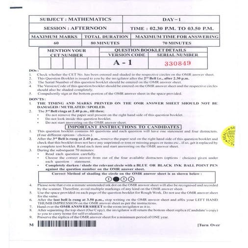 KCET Maths - 2015 Question Paper | PDF