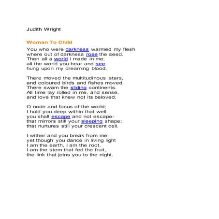 Judith Wright Woman to child Australian poem | DOCX