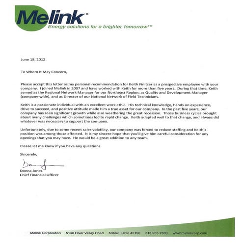 Keith a Finitzer letter of recommendation from Donna Jones Chief Financial Officer | PDF