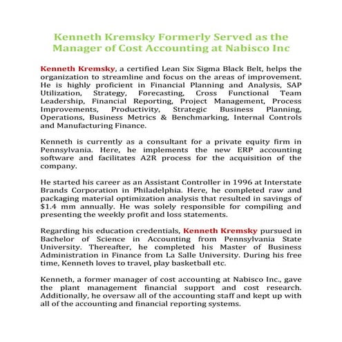 Ken Kremsky was Involved in Both Process Control and Finance | PDF