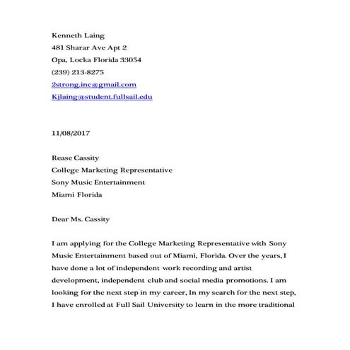 Kenneth laing sony letter head | DOCX