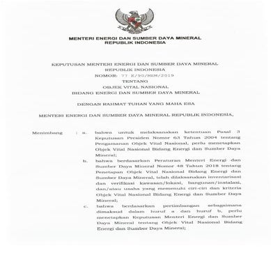 Kepmen esdm no 77 k 90 mem 2019 tentang obvitnas bidang esdm | PDF
