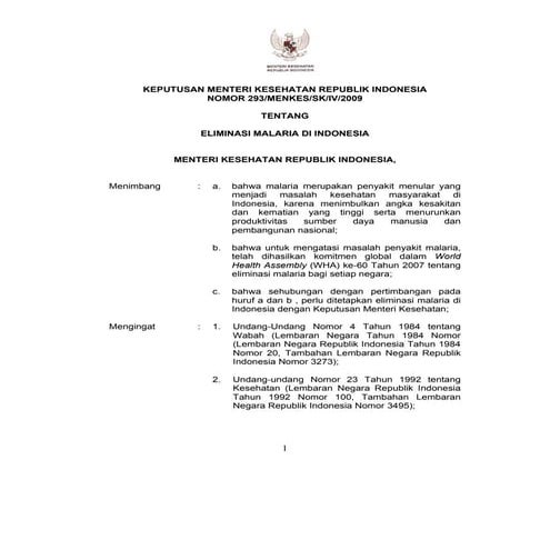 Kepmenkes no 293 tahun 2009 tentang Eliminasi Malaria | PDF