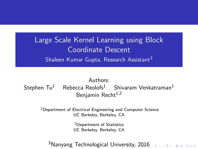 Large Scale Kernel Learning Using Block Coordinate Descent Ppt