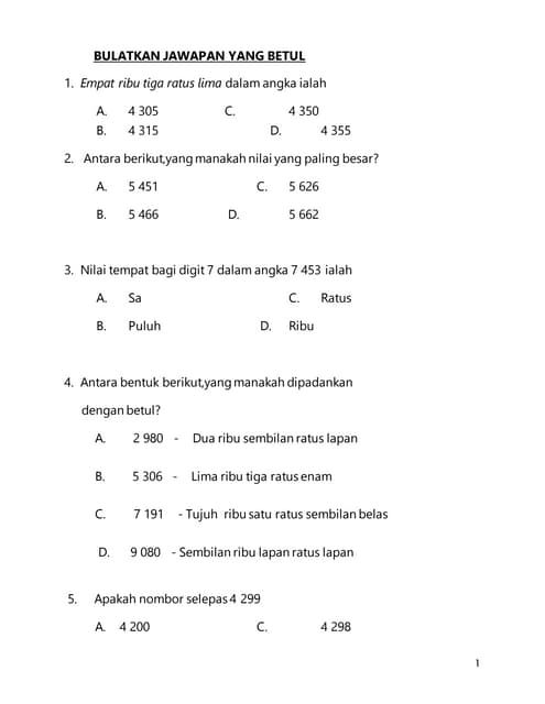 Ujian Matematik Tahun 3 Kertas 1 | DOCX
