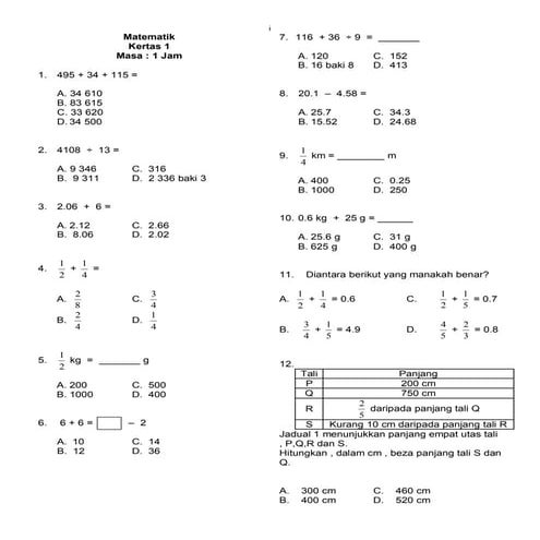 Year 4 mathematics paper 1 | PDF