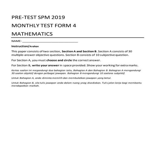 MONTHLY JAN-FEB MATH TEST FORM 4 2019 | PDF
