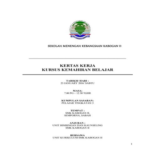 Kertas kerja kursus kemahiran belajar 2016 | DOCX