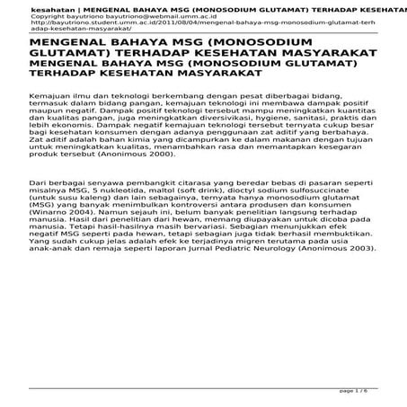 bahaya msg (monosodium glutamat) terhadap kesehatan masyarakat | PDF