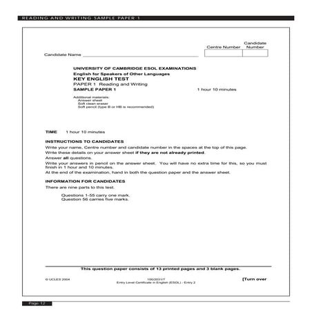 Cambridge english-key-sample-paper-1-reading-and-writing v2 | PDF