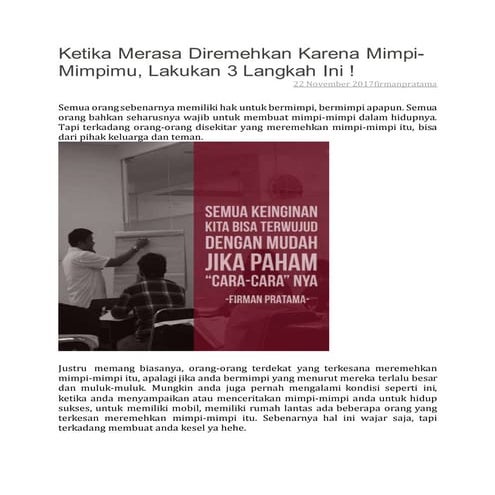 Ketika merasa diremehkan karena mimpi mimpimu, lakukan 3 langkah ini -firman-pratama | PDF
