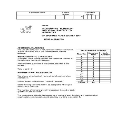 Mathematics numeracy unit 1 higher question paper | PDF