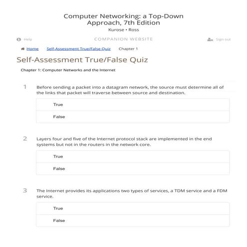 Self assessment true-false Quiz: Chapter 1 - Computer Networking a top-down Approach 7th | PDF