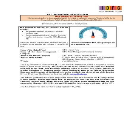IDFC Banking and PSU Debt Fund_Key information memorandum | PDF