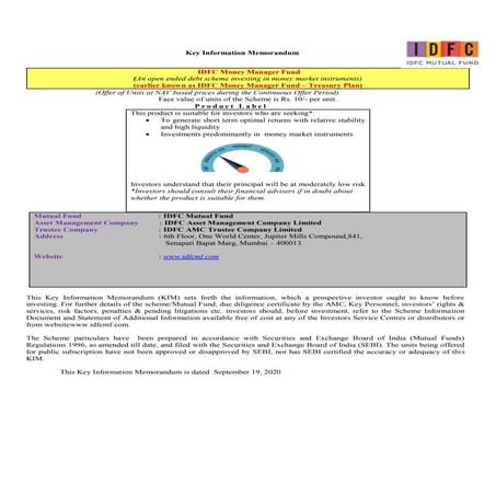 IDFC Money Manager Fund_Key information memorandum | PDF