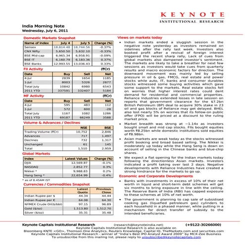 Keynote capitals india morning note 6th july '11 | PDF