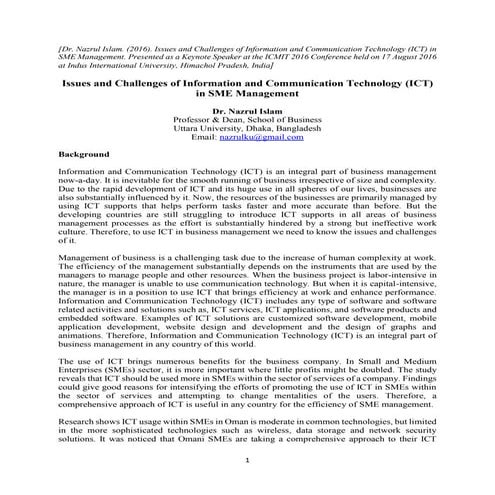 Keynote Speech on 'Issues and Challenges of Information and Communication Technology (ICT) in ...