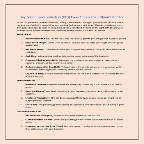 Key Performance Indicators (KPIs) Every Entrepreneur Should Monitor | DOCX | Business Accounting ...