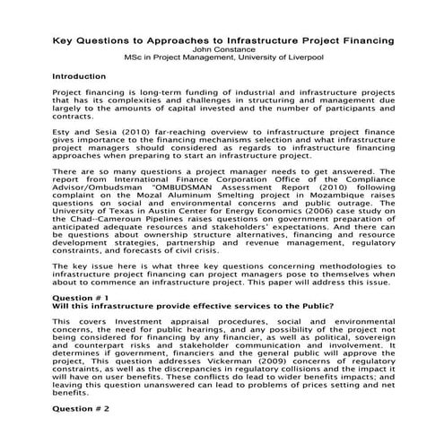 Key questions to approaches to infrastructure project financing | DOC