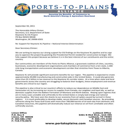 Keystone XL Pipeline Support Letter (Sample) | PDF
