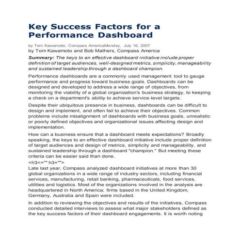 Key Success Factors for a Performance Dashboard | DOCX
