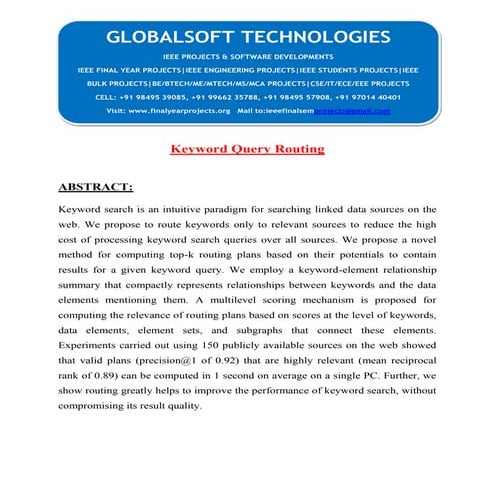 2014 IEEE JAVA DATA MINING PROJECT Keyword query routing | DOCX