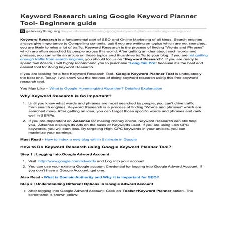 Keyword Research Guide using Google Keyword Planner Tool | PDF