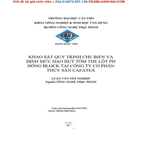 Khảo sát quy trình chế biến và định mức hao hụt tôm thẻ lột PD đông ...