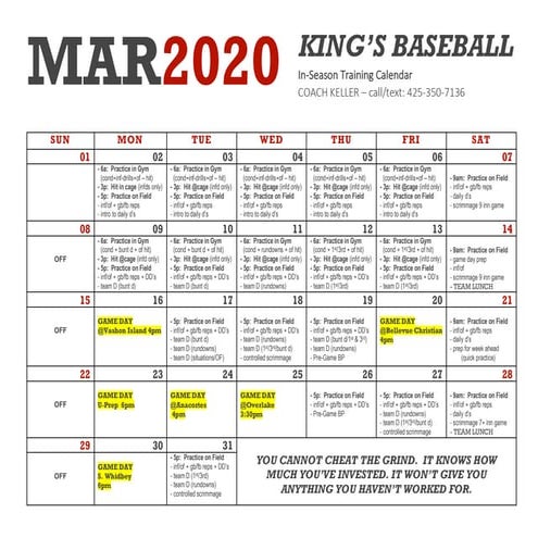 King's High School Baseball March Practice Plan | PDF
