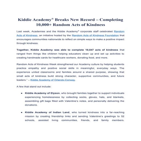 Kiddie Academy® Breaks New Record – Completing 10,000+ Random Acts of ...