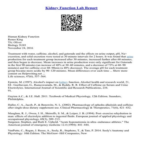 Kidney Function Lab Report: Effects of Drinks on Urine Output | PDF