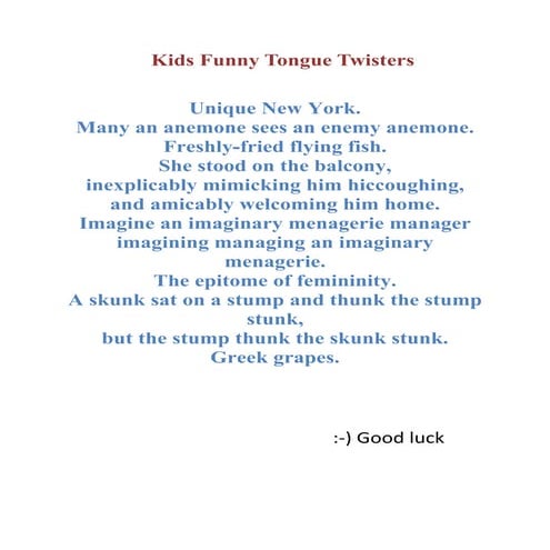 Kids funny tongue twisters | PDF