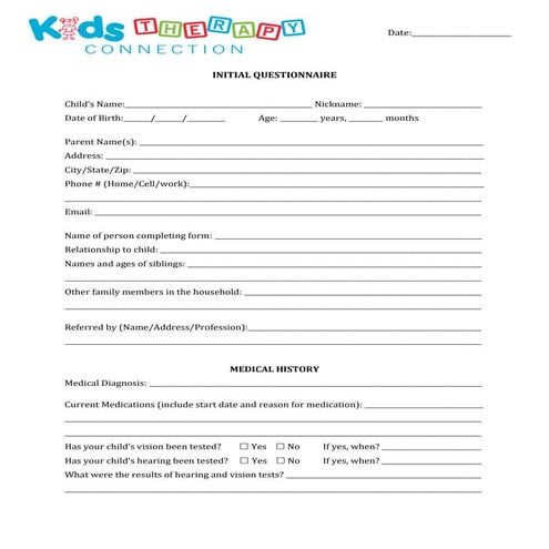 Kids Therapy Forms | Initial Questionnaire | PDF