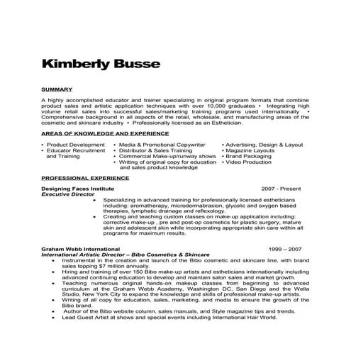 Kimberly Busse Resume | DOC | Skin Care | Beauty