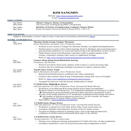 Kim sangmin CV (2020) | PDF