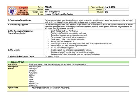 Kinder Week 1 Lessons Linggguhang Aralin | PDF
