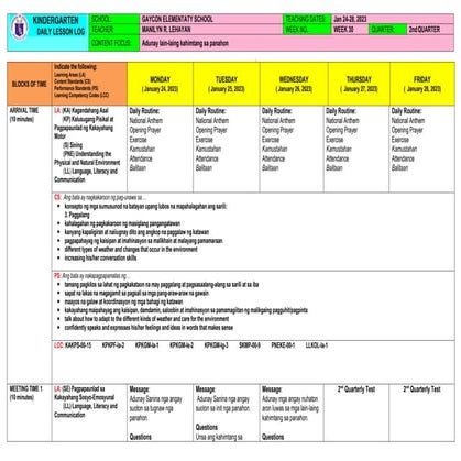 KINDERGARTEN-DLL Q2 W10 DAILY LESSON LOG | DOCX