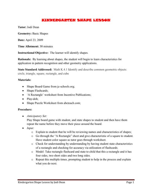 Lesson plan about Shapes | DOCX | Daycare and Pre-School | Parenting