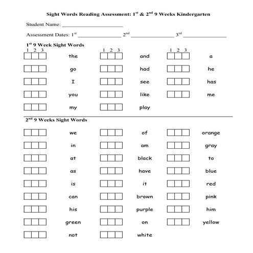 Kindergarten sight word assessment | PDF