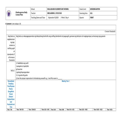 KINDER_lesson plan quarter 1 for week 1 day 1 | DOC