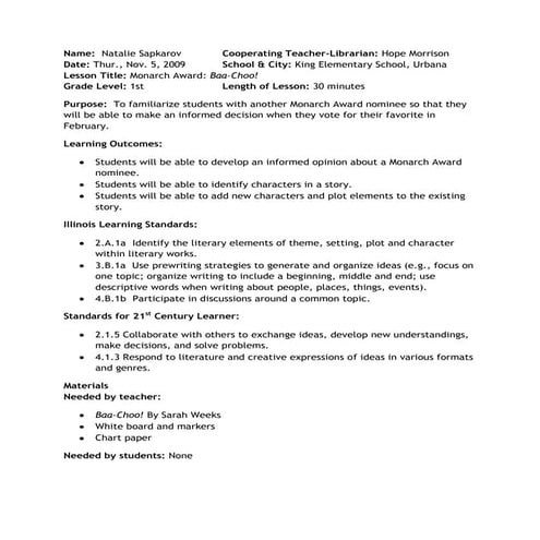 Baa-Choo! Monarch Award Lesson Plan | DOCX