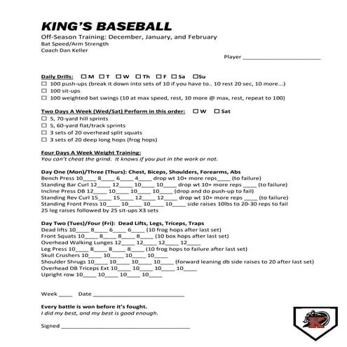 King's HS Baseball Off-Season Workout | PDF