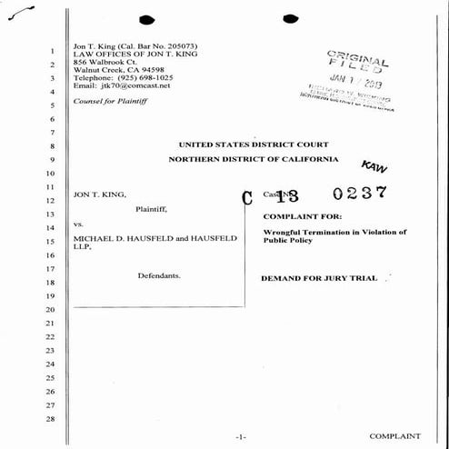 King vs. hausfeld wrongful termination lawsuit | PDF