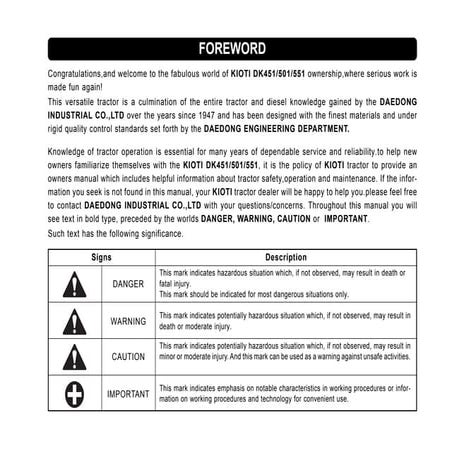 Kioti daedong dk551 tractor operator manual | PPT