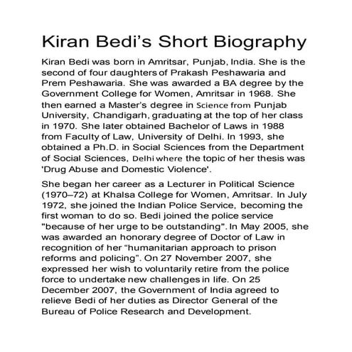Kiran bedi's Short Biography | DOCX