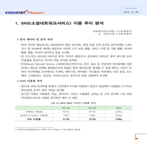Kisdi stat report(13 12) sns(소셜네트워크서비스) 이용 추이 분석 | PDF