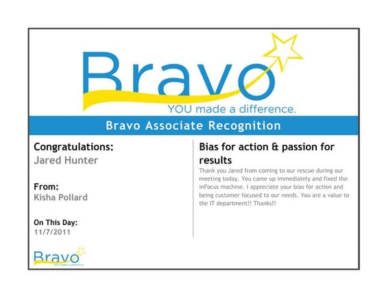 Bravo Associate Recognition: Work as one team from Joseph Buton, IT ...