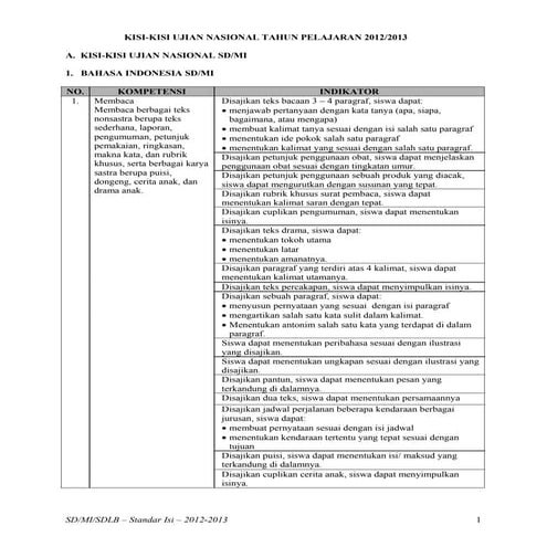Kisi-Kisi (SKL) UN SD MI Tahun 2012-2013 | PDF