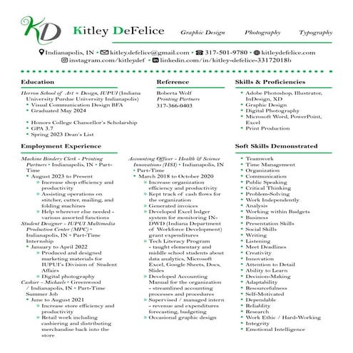 Kitley DeFelice Resume, BFA Visual Communication Design Graduate | PDF